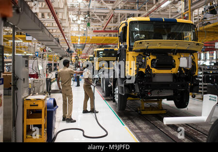 25 March 2018, Germany, Chennai: Lorries standing in the factory yard ...