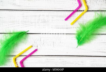 summer or spring concept with drinking straws and green feathers. White ...