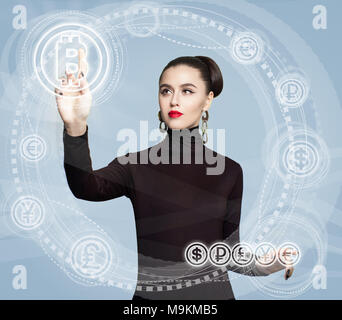 Businesswoman with Bitcoin symbol. Blockchain Transfers Concept on Gray ...