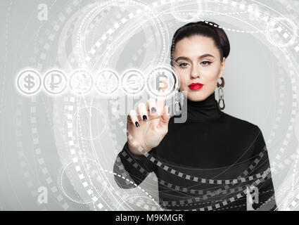 Businesswoman with Bitcoin symbol. Blockchain Transfers Concept on Gray ...