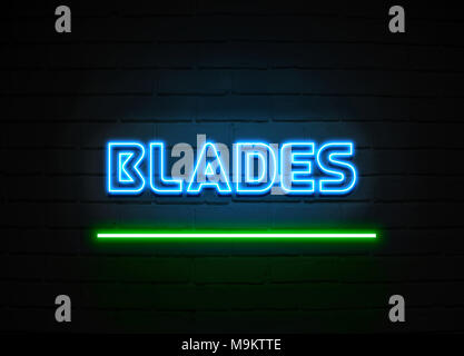 BLADES - Glowing Neon Sign on stonework wall - 3D rendered royalty free ...