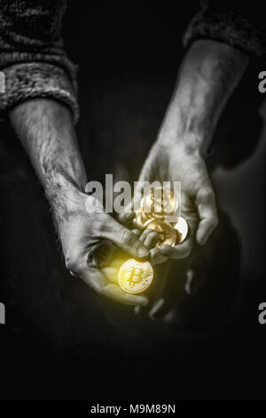 A closeup of a Bitcoin gold coin in a selective focus with banknotes on ...