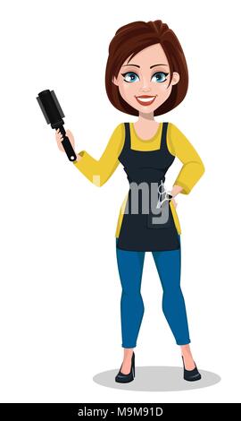 Hairdresser woman in professional uniform. Beautiful lady stylist ...