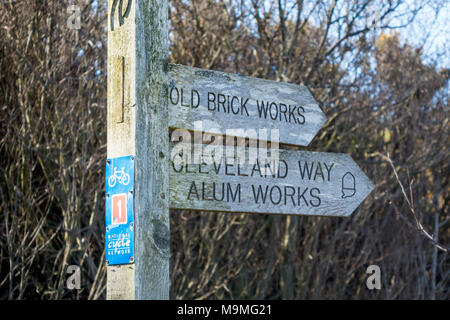 Wooden fingerpost (Cleveland Way National Trail), scenic hilltop ...