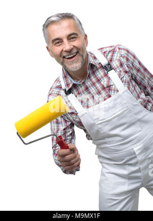 Renovation, redecoration and repair concept - Cheerful woman painting ...