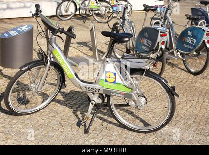 Bicycles to rent are pictured in central Berlin on March 03, 2018 ...