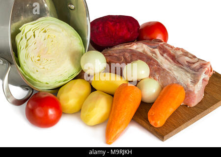 fresh vegetables with raw meet composition isolated on white Stock ...