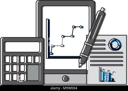 tablet device with document file and statistics pie graph vector ...