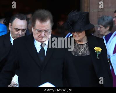 Sir Ken Dodd's wife Lady Anne and nephew John Lewis after the funeral ...