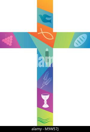 Christian religion symbols isolated cross, globe and fish. Vector ...