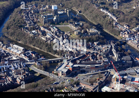 An aerial view of Durham City Centre, showing new retail development ...