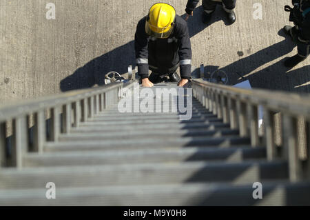 fire fighter climbing 13.5m ladder Stock Photo - Alamy