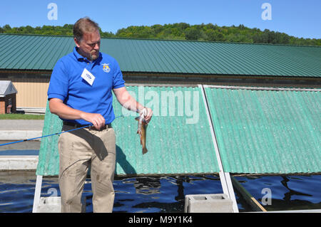 Roger Gordon, Fish Hatchery Manager at USFWS, brings out a live fish to ...