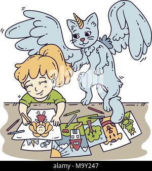 Cute little girl and her imaginary friend draw pictures. Illustration ...