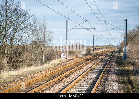 The electric rail line track of the Tyne and Wear metro at East Boldon ...