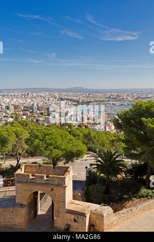 View of Palma with harbour and Castell de Bellver from the roof of the ...