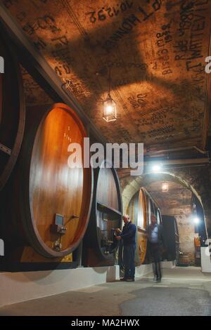 A perspective shot of wine barrels in a row at the wine vault Stock ...