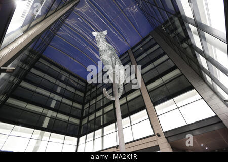 Leopard sculpture by Kelpies creator Andy Scott, which sits on a column ...