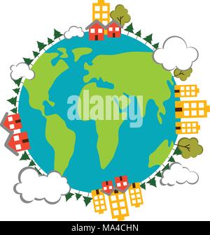 Earth day poster design with buildings on earth illustration Stock ...