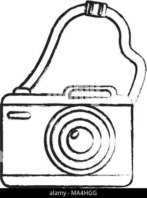 sketch of photographic camera with strap over white background, vector ...