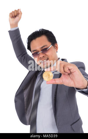 happy asian man with bitcoin Stock Photo - Alamy