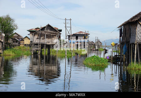 Wooden houses on piles inhabited by the Inthar minority, Inle Lake ...
