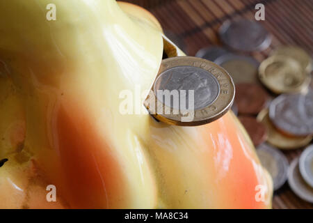Metal money box and Turkish lira coins on the yellow background Stock ...