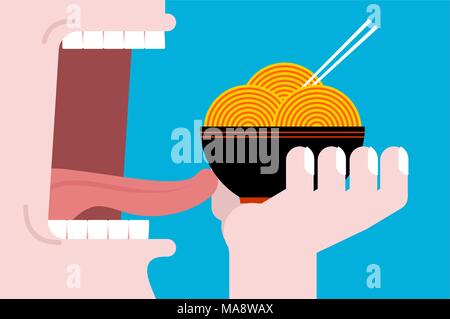 Eating Ramen. Open mouth. Teeth and tongue. Chinese traditional noodles ...