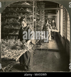 [ 1900s Japan - Japanese Silk Factory ] — Women in kimono weaving silk ...
