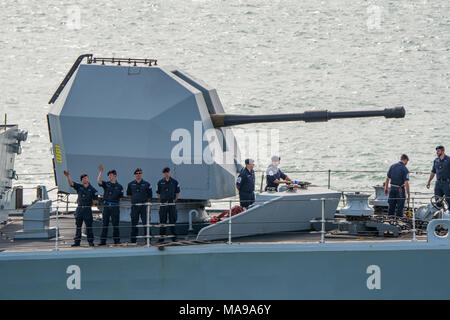 4.5 inch gun turret of a Type 23 frigate and Seaceptor missile silos ...