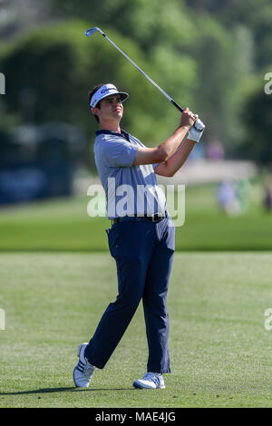 Beau Hossler hits from a fairway bunker on the 15th hole during the ...