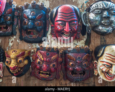 Tibetan Buddhist ceremonial festival masks in monastery or gompa in ...