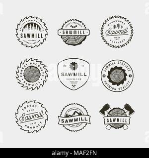 set of sawmill logos. retro styled woodwork emblems. vector ...