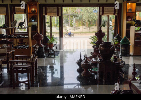 Lacquerware factory in Bagan, Myanmar. Lacquerware includes boxes ...