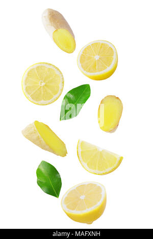 Isolated flying lemons. Falling sliced lemon fruit isolated on white ...