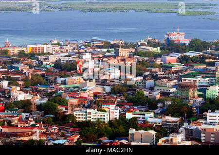 Aerial view of Cebu City looking northeast, with port, Robinsons ...