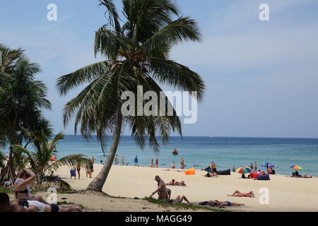 14 March 2018, Thailand, Karon Beach: Tourists sunbathing in Karon ...
