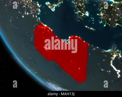 Libya at night highlighted in red on planet Earth. 3D illustration ...