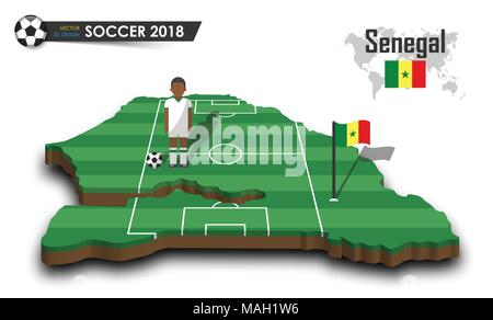 Isometric map of Senegal with soccer field. Football ball in center of ...