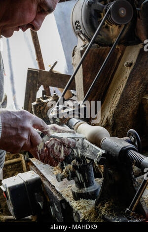 John Pepper, described as The Last Skittle Maker in England, at work in ...