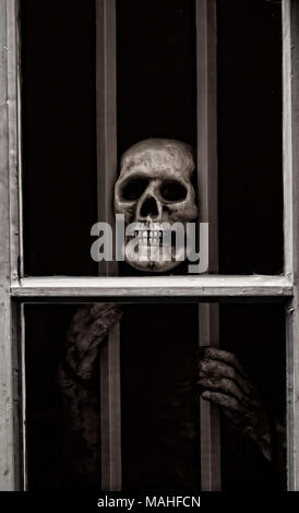 Scary Jail Cell Horror. Prisoner In Handcuffs With Help Text Message ...