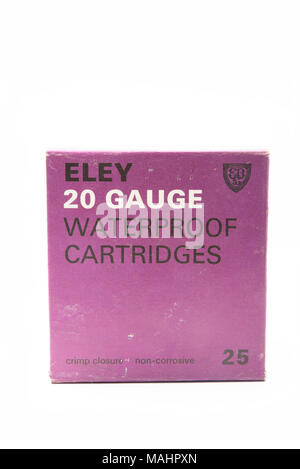 An old Eley 20-bore cartridge box with crimp-closed waterproof ...