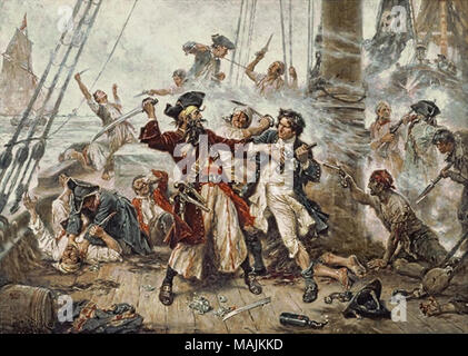 . Capture of the Pirate, Blackbeard, 1718 depicting the battle between ...