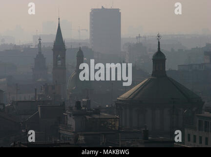 Terrible air pollution or smog from traffic fumes visible on the Milan ...