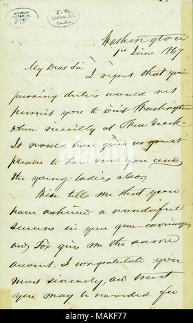 Letter from Secretary Gideon Welles to his son Thomas March 5, 1865 ...