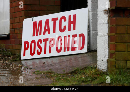 A Match Postponed sign outside Pagham Football Club in West Sussex, UK ...