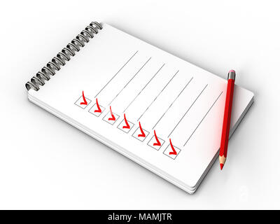 3d illustration of notepad check list with pencil over white background ...