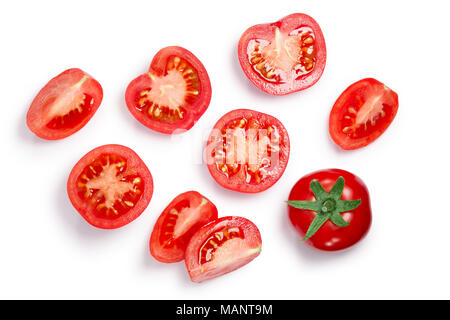 Middle sized globe tomatoes, whole and sliced, top view. Clipping paths ...