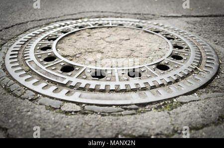 Gully or manhole on an old street. Detail shot Stock Photo - Alamy