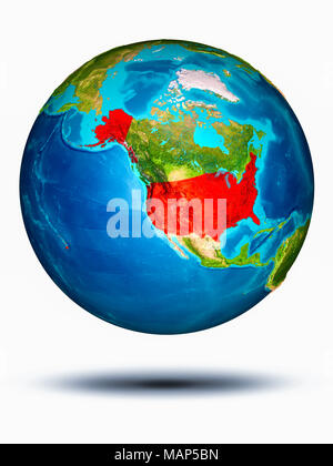 USA in red on model of planet Earth on reflective blue surface. 3D ...